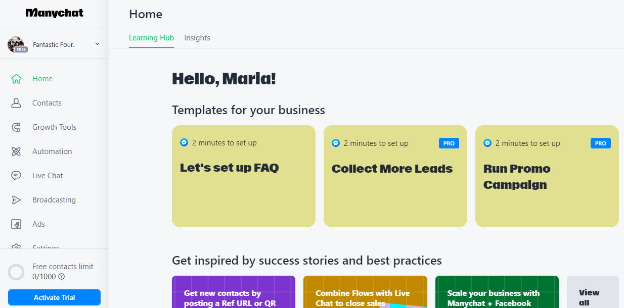 Manychat: Interfaz gráfica y herramientas