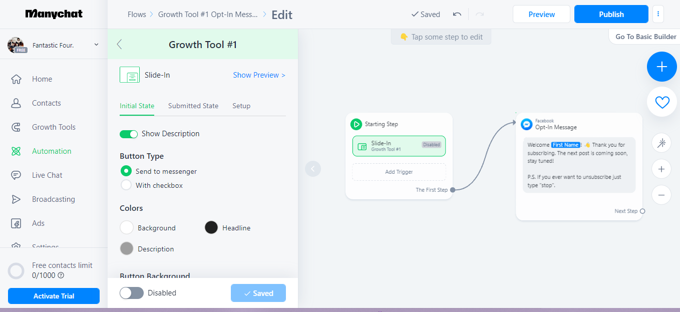 Manychat: Interfaz gráfica y herramientas