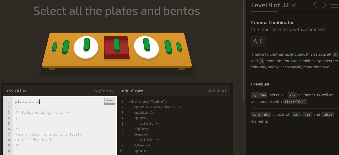 Nivel 1 al 9 de CSS Diner: solución a este conocido juego