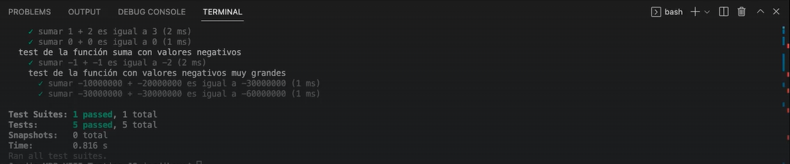 Suma.test.js con valores negativos: ejercicio de aplicación